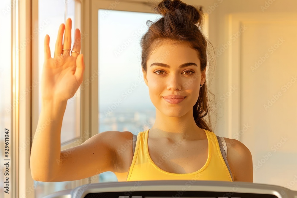 beautiful mature woman waving hand to the camera while jogging on ...