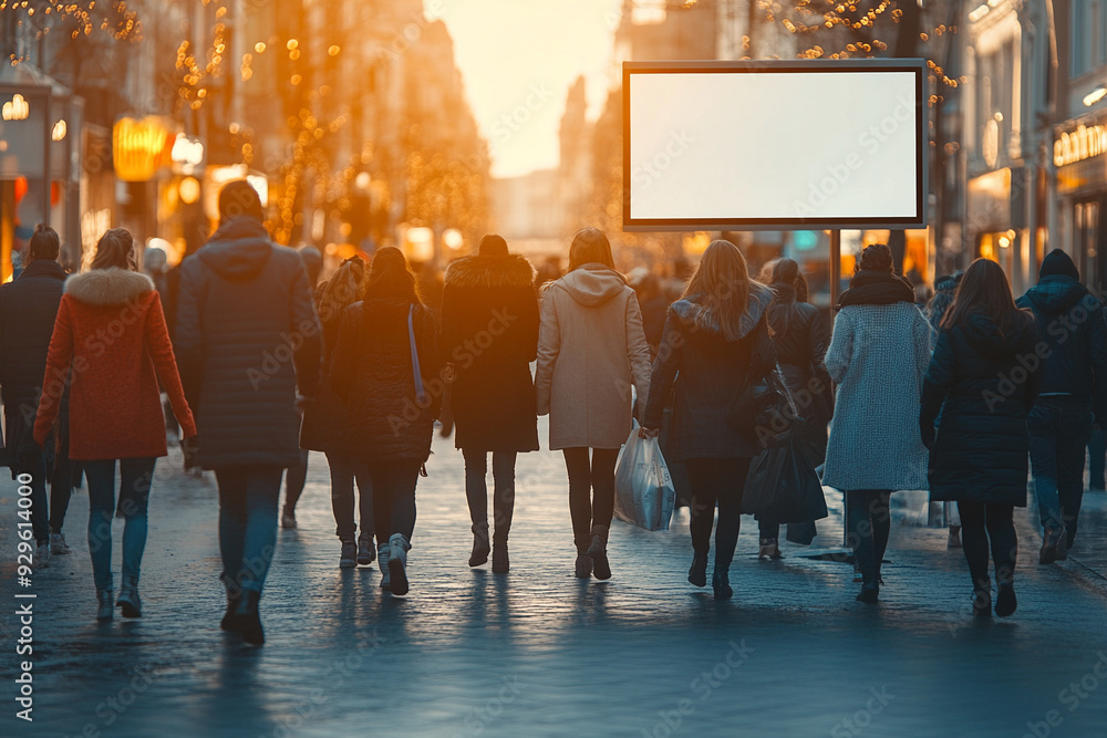 blank ad board stands in a busy shopping center or business mall, ready ...