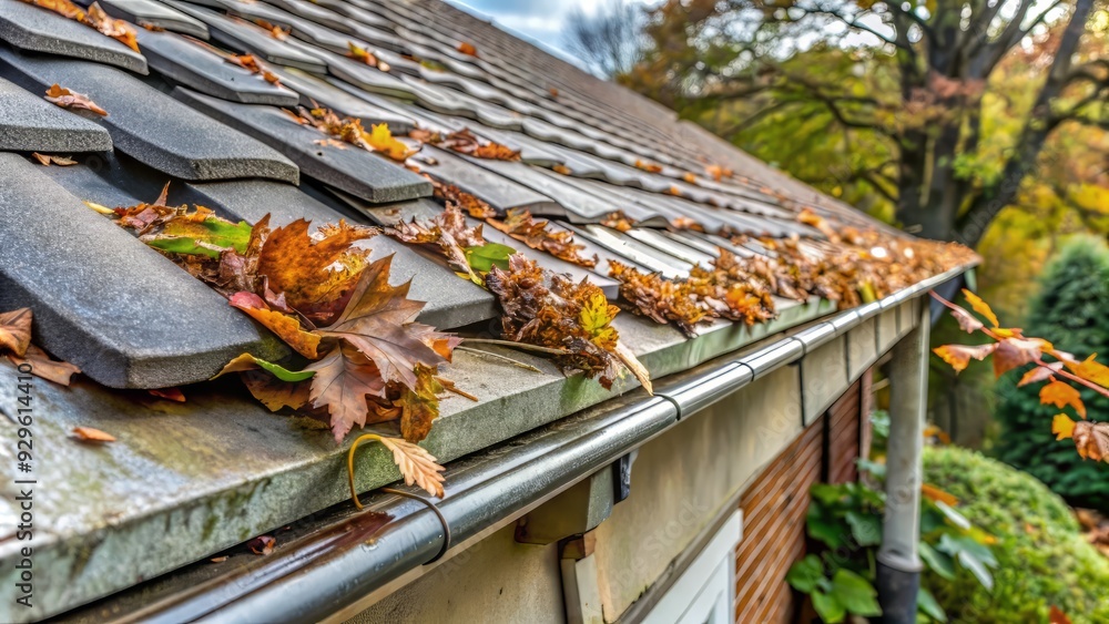Clogged and rusted gutters hang crookedly from a worn, weathered roof ...
