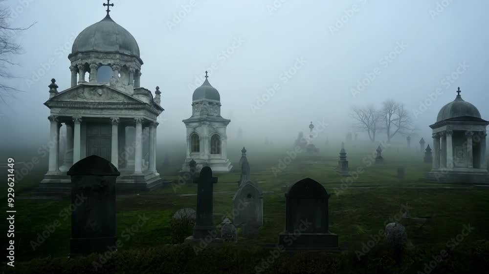 Haunting fog envelops an ancient cemetery, shrouding tombs and ...
