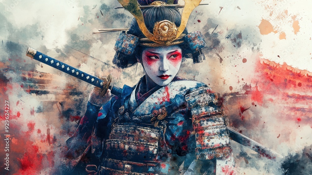 Watercolor painting concept of a geisha woman in Japanese samurai armor ...