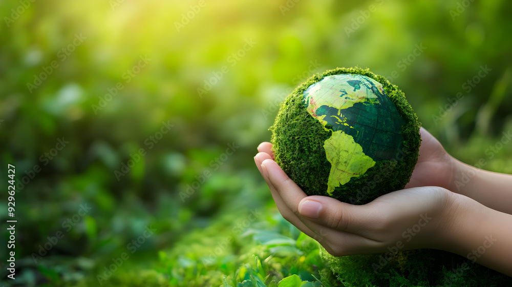 Hands gently cradle a small Earth covered in moss, symbolizing global ...