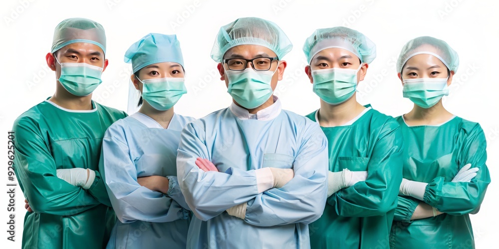 Asian-inspired surgeon uniforms with caps and gloves, arms crossed ...