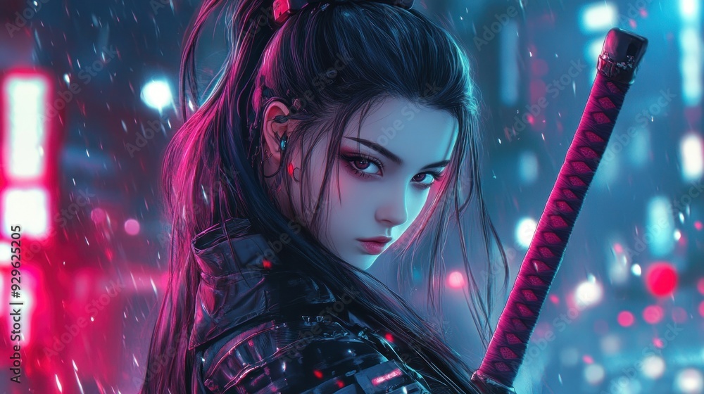 Female samurai ninja asian cyberpunk anime style assassin cute face ...