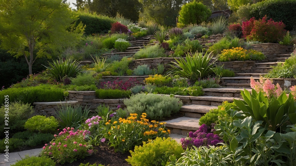 Terraced Garden. Multiple levels of plants and flowers. Creating a ...