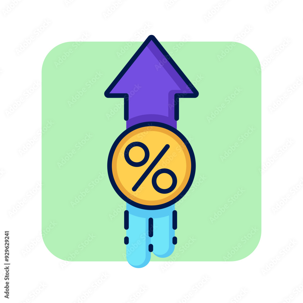 Interest growth line icon. Arrow with round percent mark on green ...
