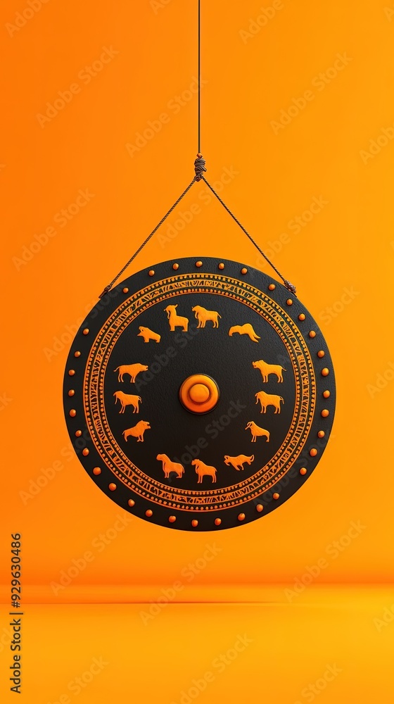 African Maasai shield, decorated with animal symbols, hanging in a ...