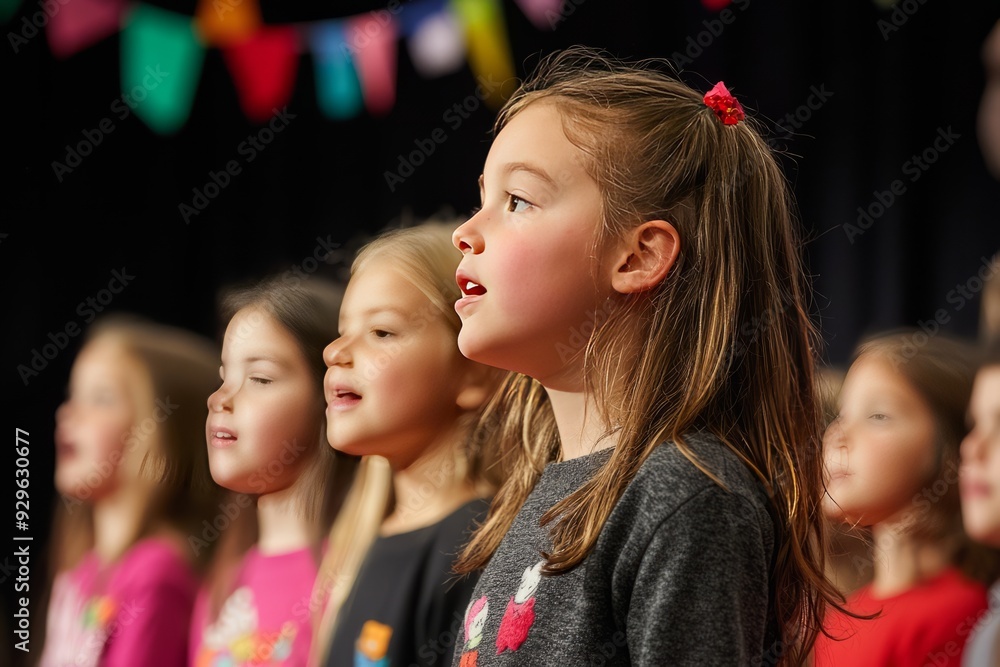 Students performing a musical number on stage during a school assembly ...