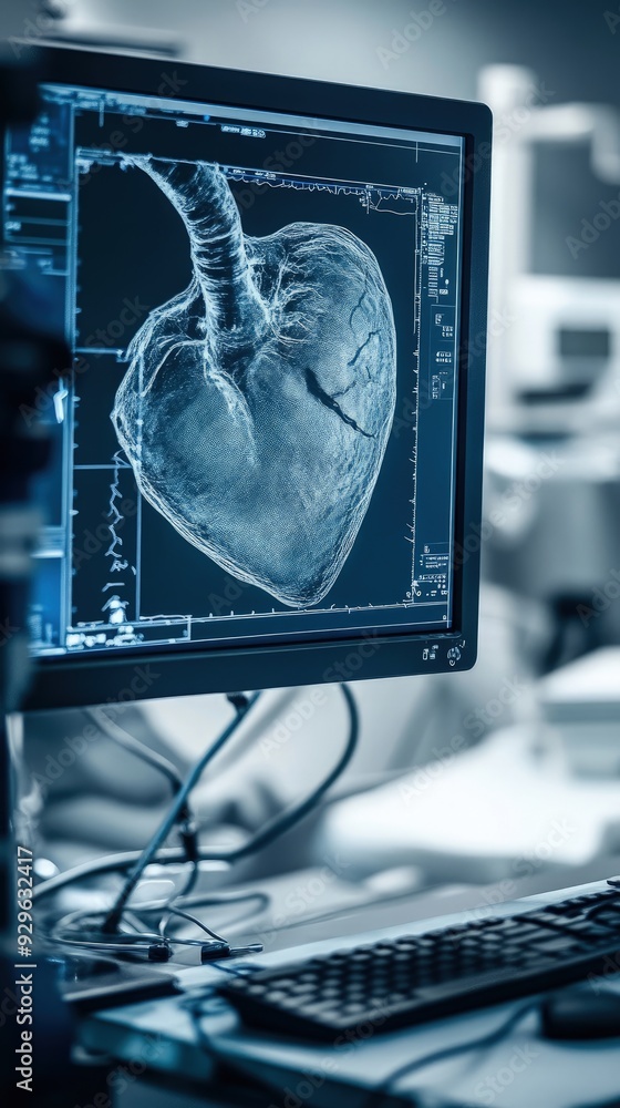 Cardiac catheterization image, displayed on a large monitor, in an ...