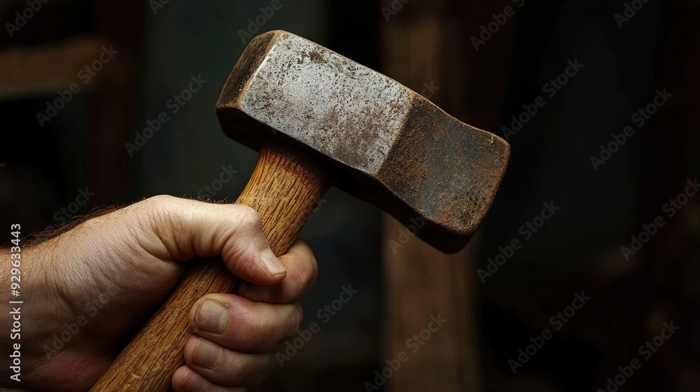 A hand gripping a hammer firmly, highlighting the tool's sturdy handle ...