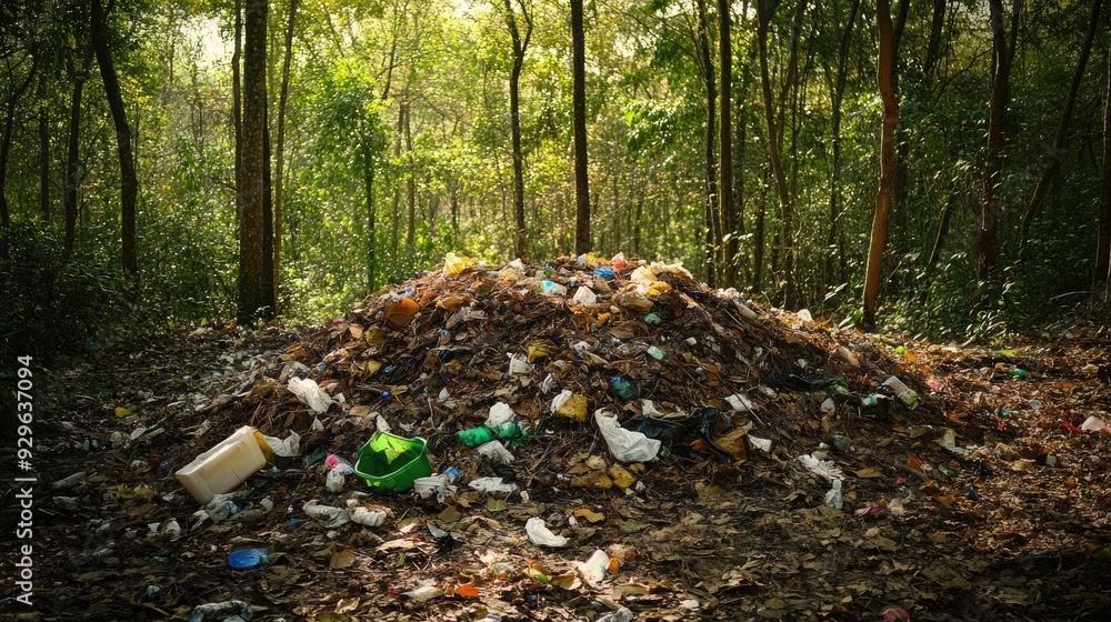 Trash heap in a forest clearing, illustrating the intrusion of human ...