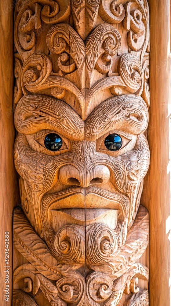 Maori carving, of a Taniwha (mythical creature), displayed in a ...