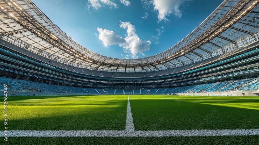 Empty football stadium captured from the center of the field, showing ...