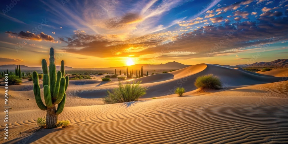 Iconic desert landscape with sand dunes, cacti, and a sunset, desert ...