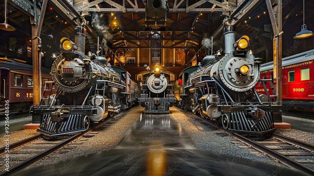 Interior view of a large train station with multiple vintage steam ...