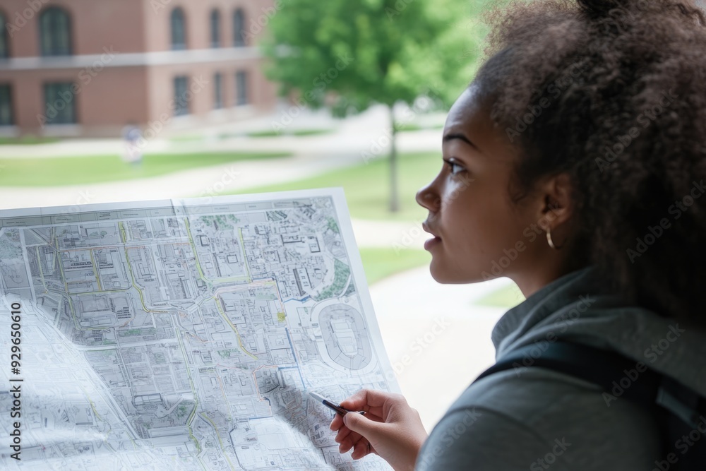 A student reviewing a campus map, planning their route to classes and ...