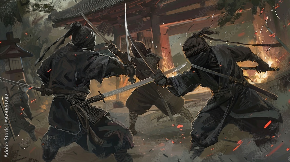 Group of ninjas in a sword fight in a traditional Japanese town ...