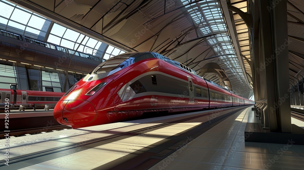 High-speed train arriving at modern train station with glass roof ...