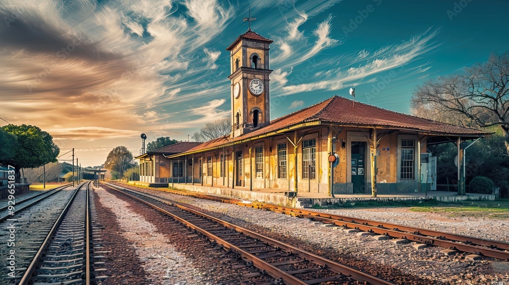 Vintage railway station with clock tower and empty platforms ...