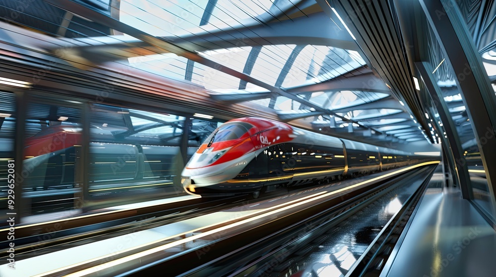 High-speed train arriving at modern train station with glass roof ...