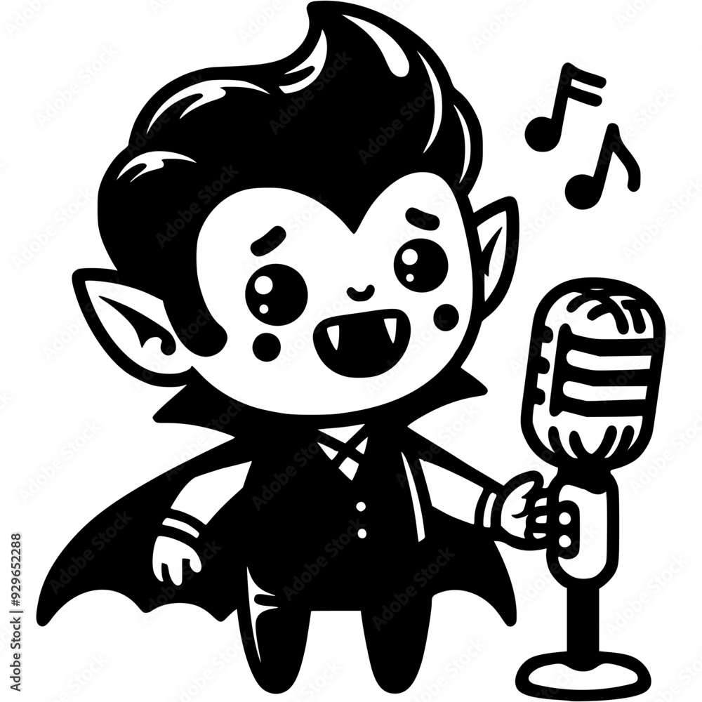 Vampire singer sings into a microphone in a karaoke club in monochrome ...