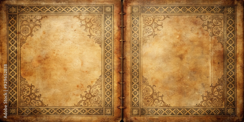 Vintage book layout with worn pages and intricate designs , antique ...