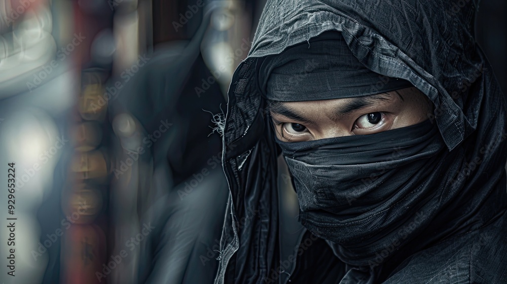 Hooded ninja standing in front of traditional temple with sword. Warrior with concealed face ...