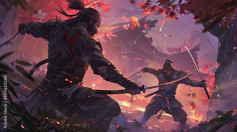 Two ninjas engaged in a fierce sword battle under the moonlight. Dramatic fight scene with ...