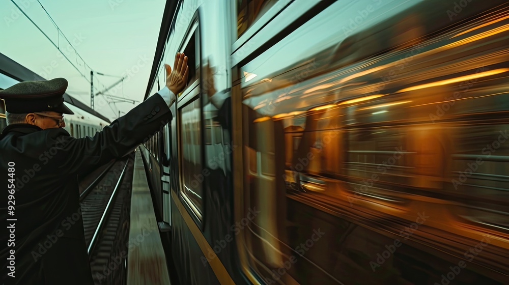 Railway conductor in uniform touching the side of a train at a station ...