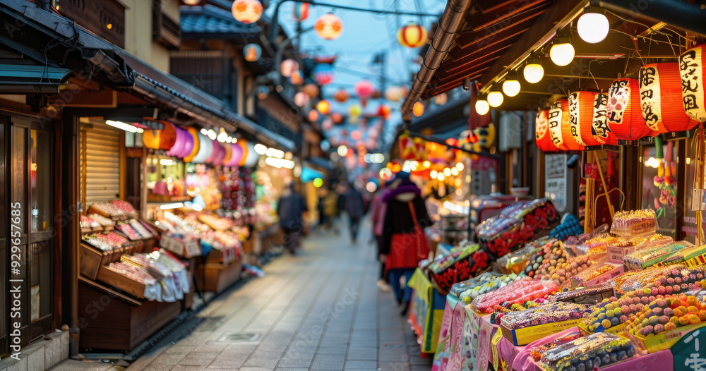 A lively and colorful Japanese street market filled with traditional ...