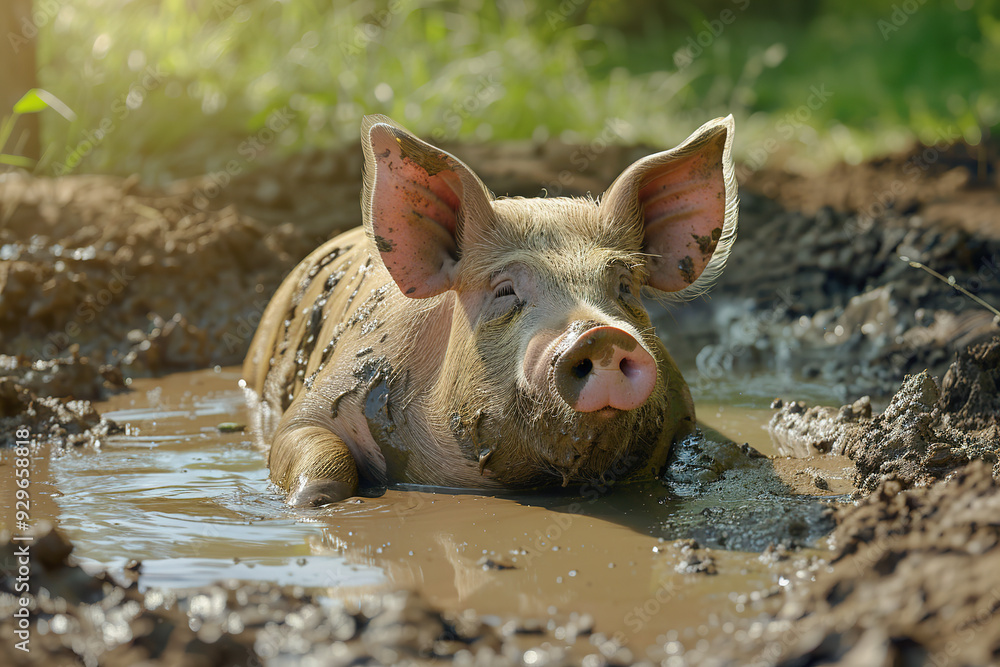 Adorable pig happily wallowing in a muddy puddle in a forest ...