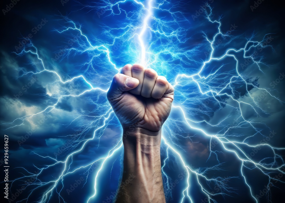 Dramatic collage depicts a clenched human fist radiating electrifying ...
