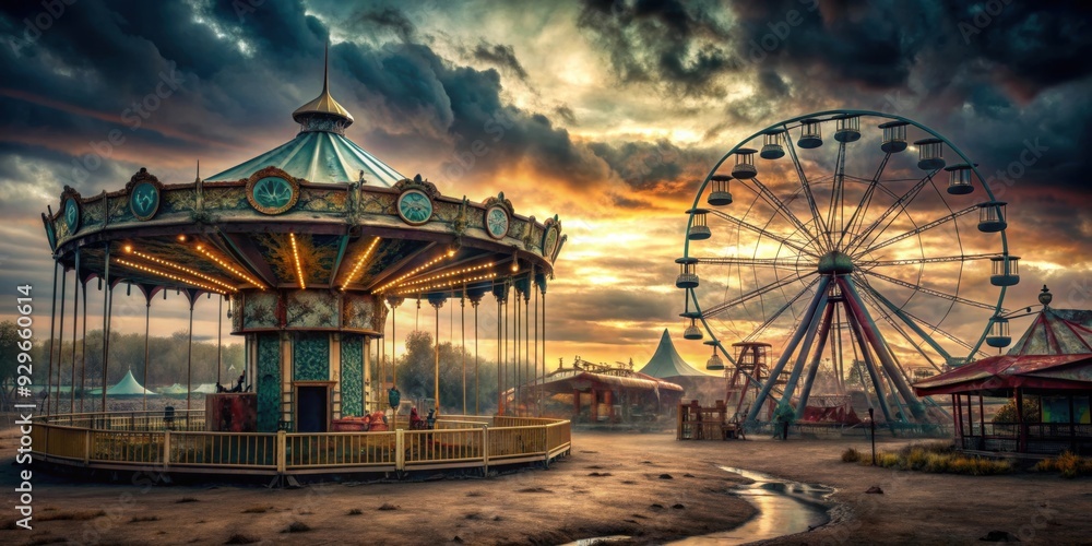 Spooky abandoned carnival with vintage rides, creepy, eerie, haunted ...