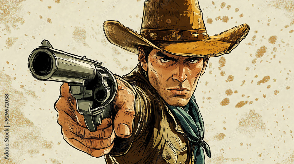 A cowboy aiming a revolver with determination in a dusty western ...