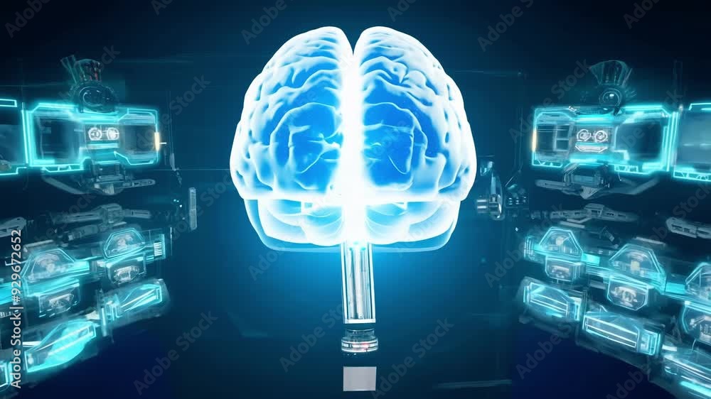 A futuristic human brain interface glows with a soft blue light controlling and interacting with ...