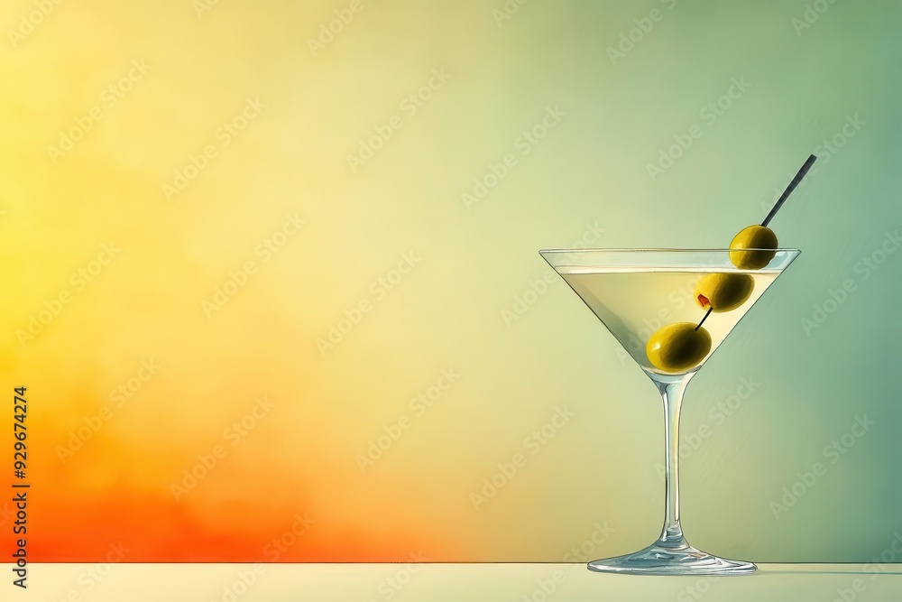 Elegant watercolor painting of a classic martini with an olive ...