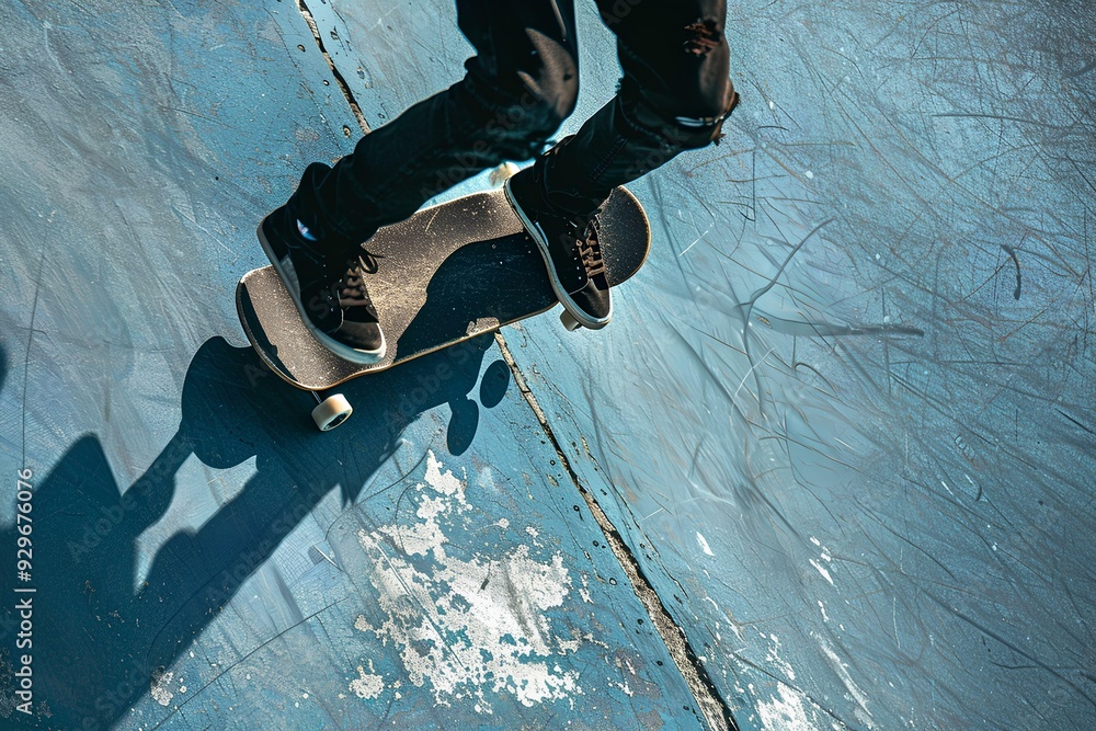 Skateboarder doing a kickflip in a skatepark in a low angle shot with ...