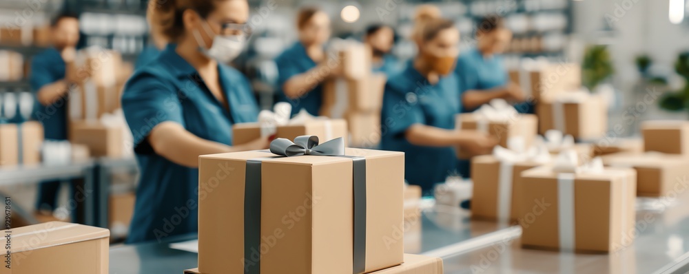 Group of workers in a distribution center packing boxes for delivery ...