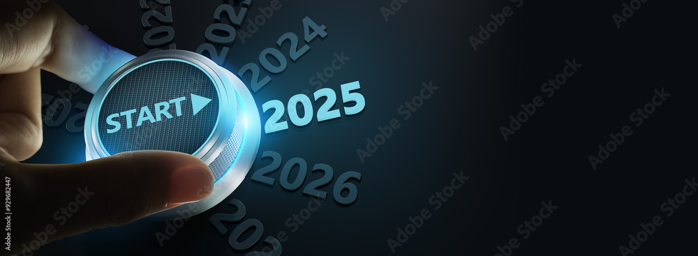 happy new year 2025,Finger about to twist the start button 2025 with the text 2023,2024,2026 and ...