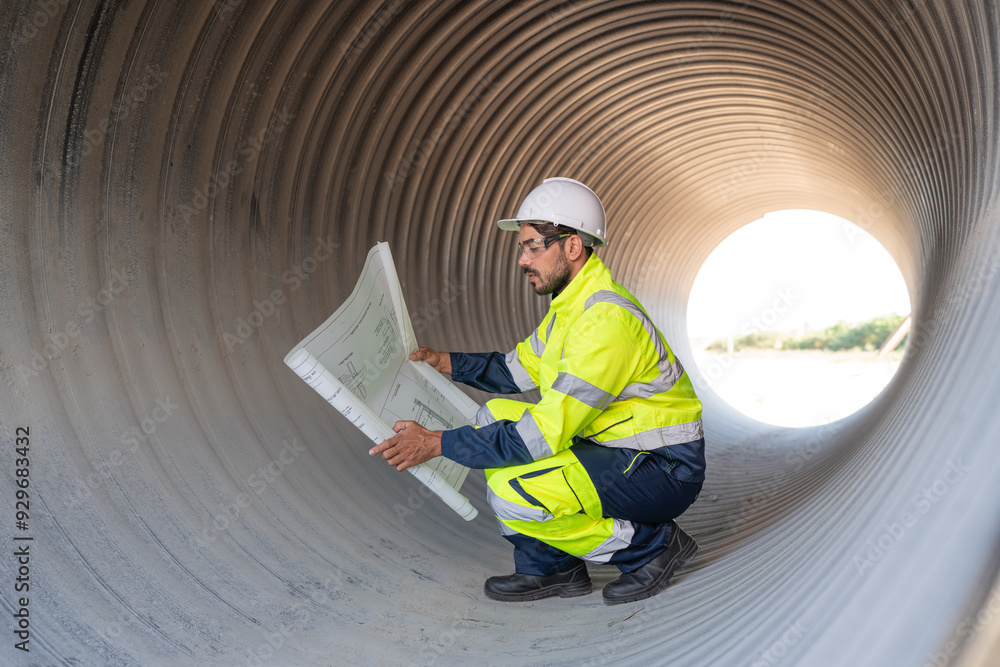 Young mechanical engineer holding blueprint drawing to checking and ...