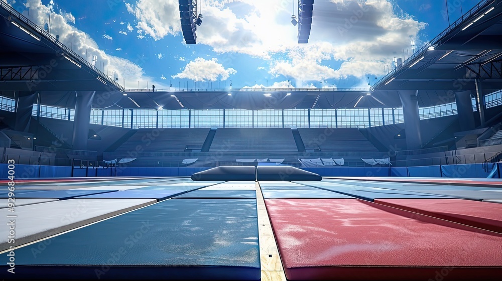 Barbell placed on a weightlifting platform in an empty sports arena ...