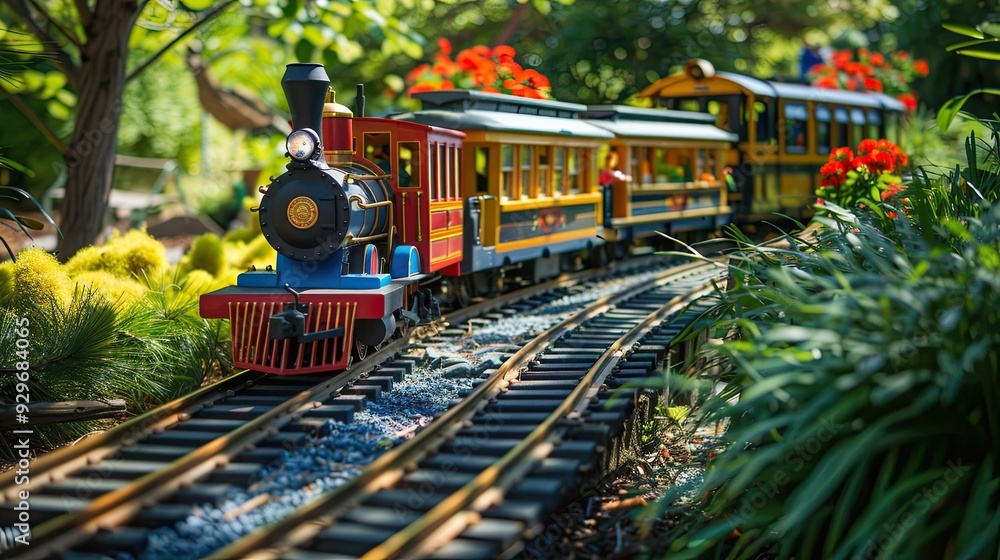 Miniature train ride in amusement park with children on board. Colorful ...