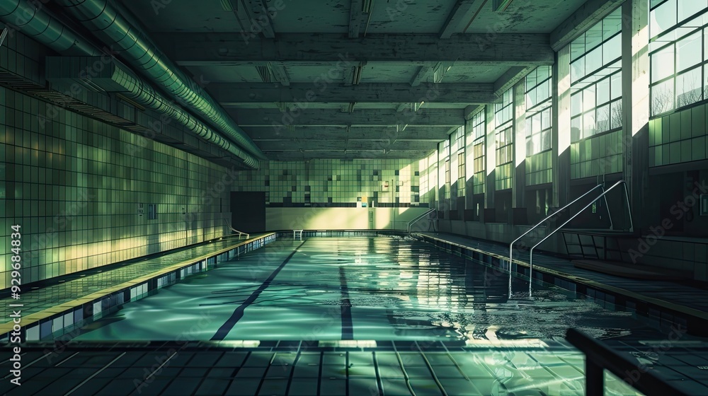 Empty indoor swimming pool with unique modern architectural ceiling ...