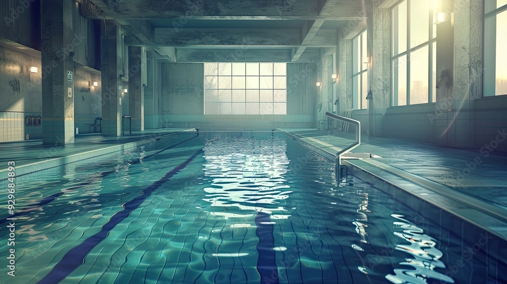 Empty indoor swimming pool with unique modern architectural ceiling ...