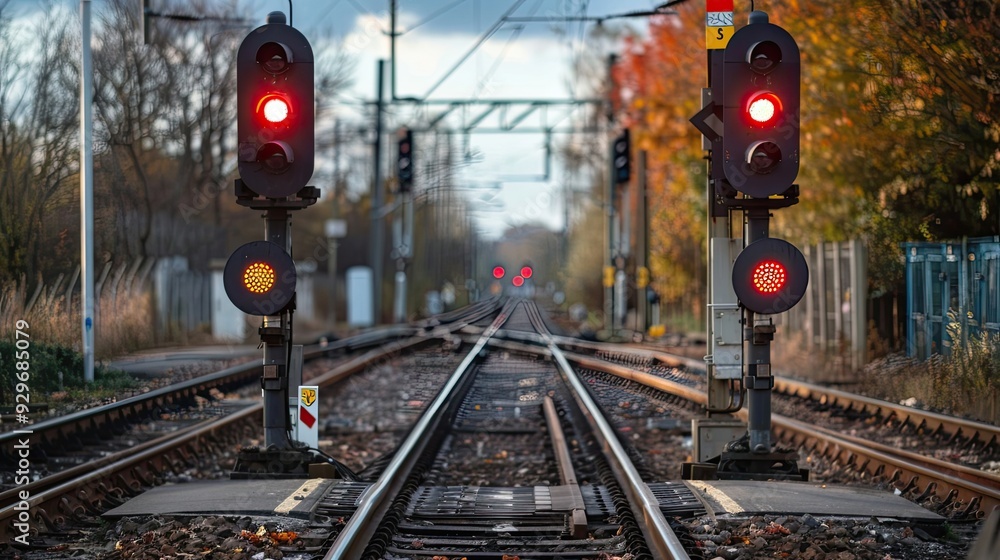 Railway workers in orange uniforms inspecting tracks at a busy train ...