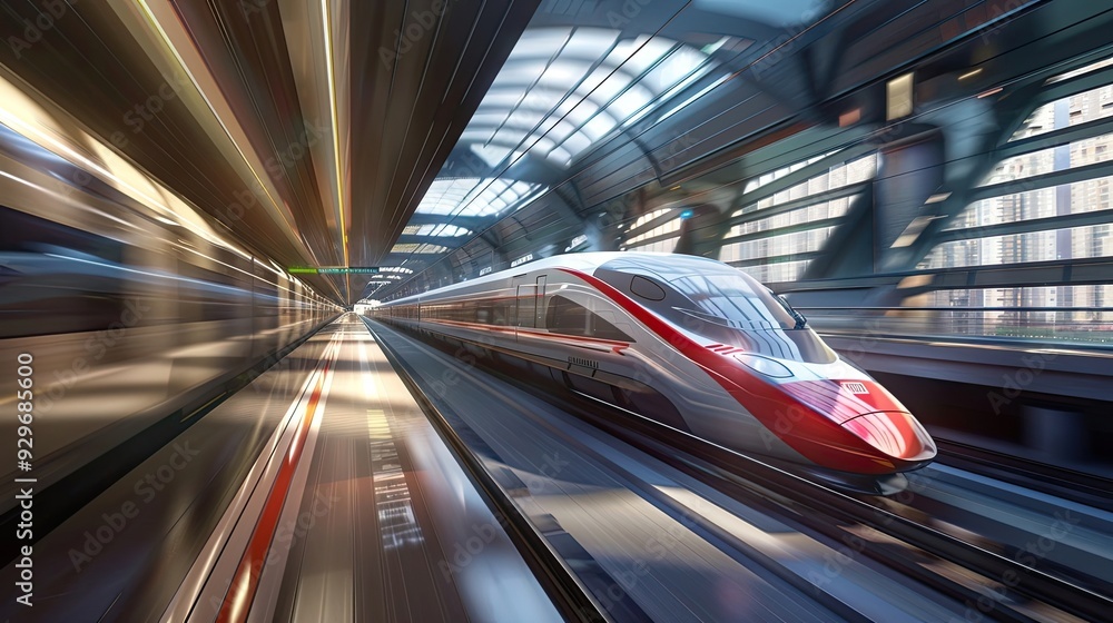 High-speed train arriving at modern train station with glass roof ...