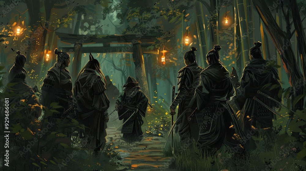 Group of ninjas gathered around a table, planning a mission in a dimly ...