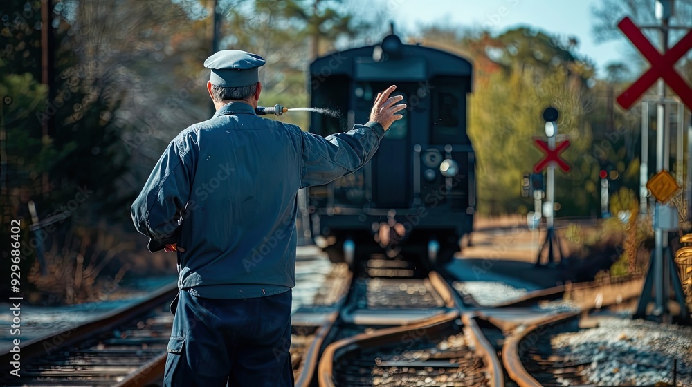 Railway conductor directing an oncoming train on tracks at a railroad ...