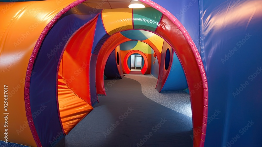 Children playing inside a colorful tunnel on an indoor playground. Two ...