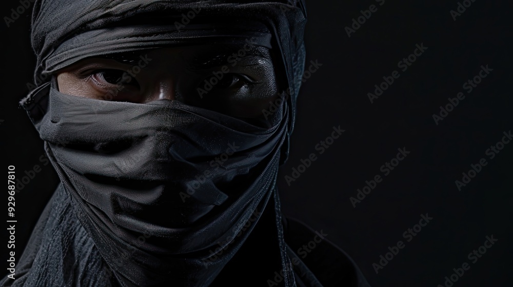 Hooded ninja standing in front of traditional temple with sword ...